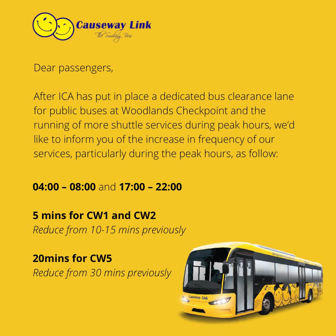 Causeway Link繁忙时段增加巴士趟次！即日起CW1、CW2和CW5缩短等候时间🚌 - 🇸🇬新加坡省钱皇后-皇后情报局